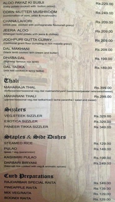 Menu at Raj Darbar, Jaipur