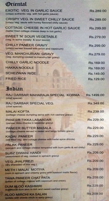 Menu at Raj Darbar, Jaipur