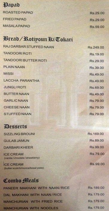 Menu at Raj Darbar, Jaipur