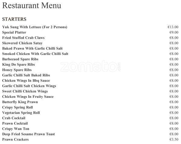 Menu at Jazz Chinese Restaurant, Dublin