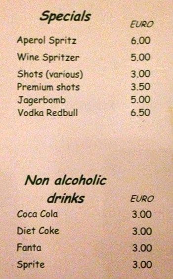 Menu at Finnegan irish pub, Rome