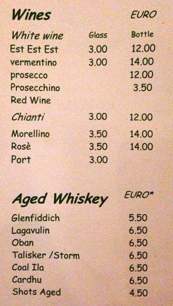 Menu at Finnegan irish pub, Rome