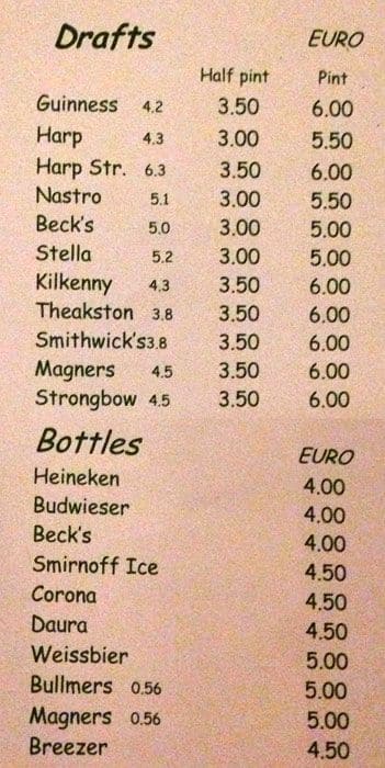 Menu at Finnegan irish pub, Rome