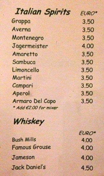 Menu at Finnegan irish pub, Rome