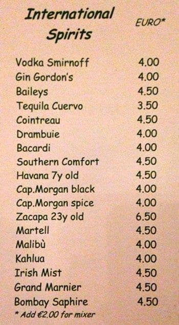 Menu at Finnegan irish pub, Rome