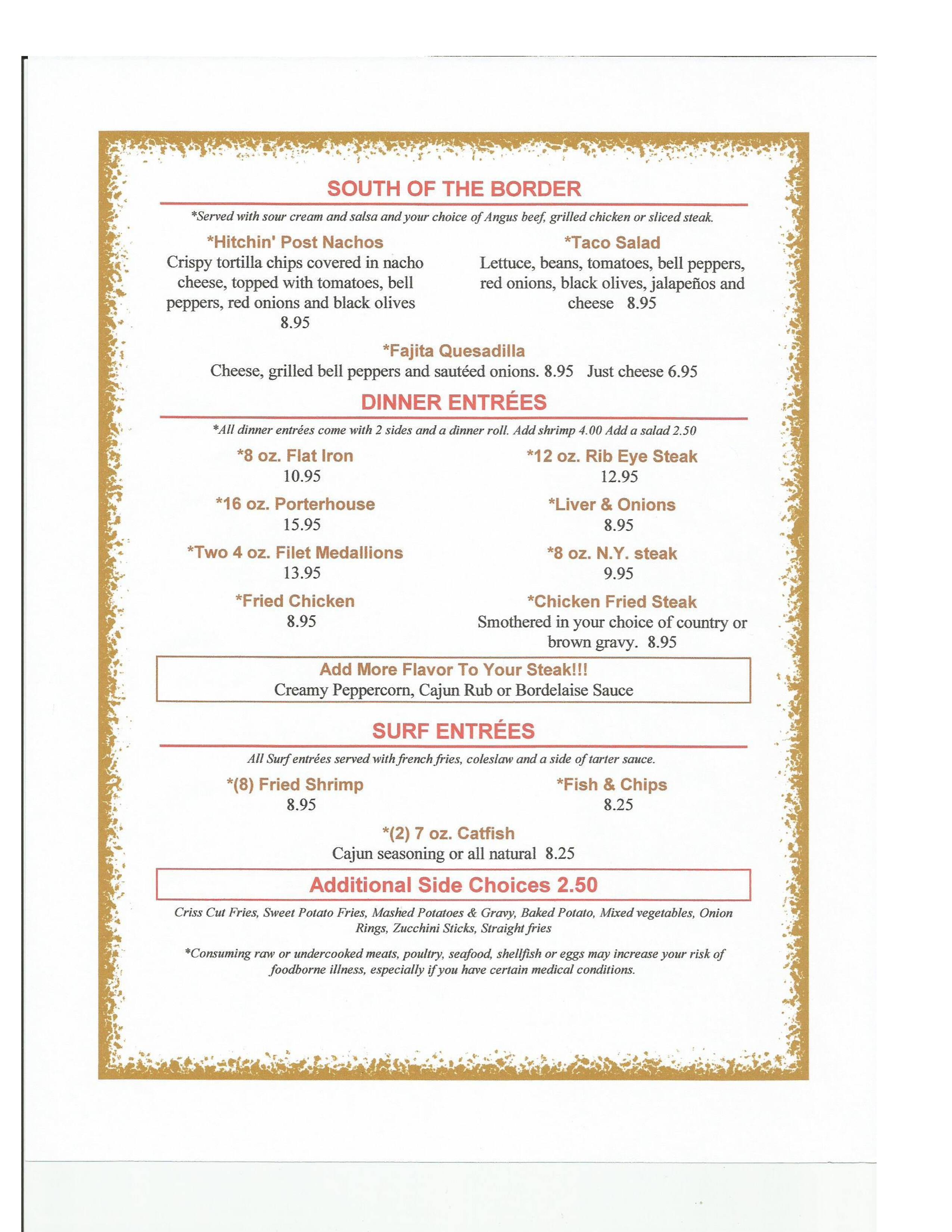 Menu at Hitchin' Post Saloon steakhouse, Las Vegas