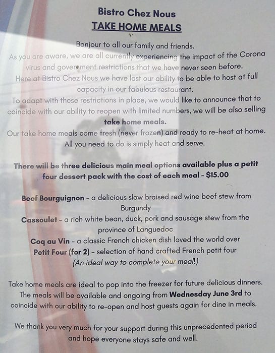 Menu at Bistro Chez Nous restaurant, Surrey Hills