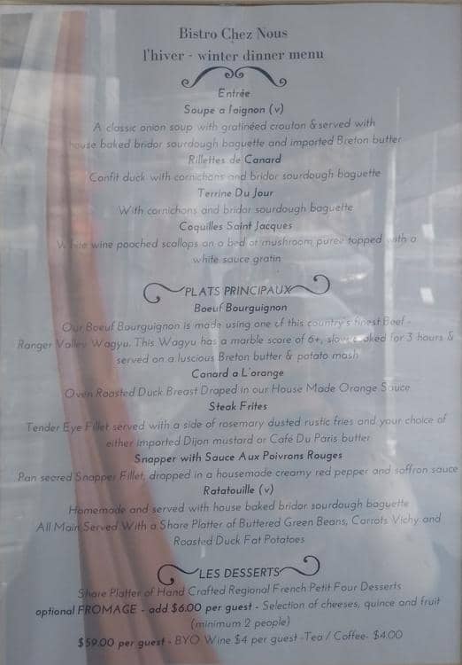 Menu at Bistro Chez Nous restaurant, Surrey Hills