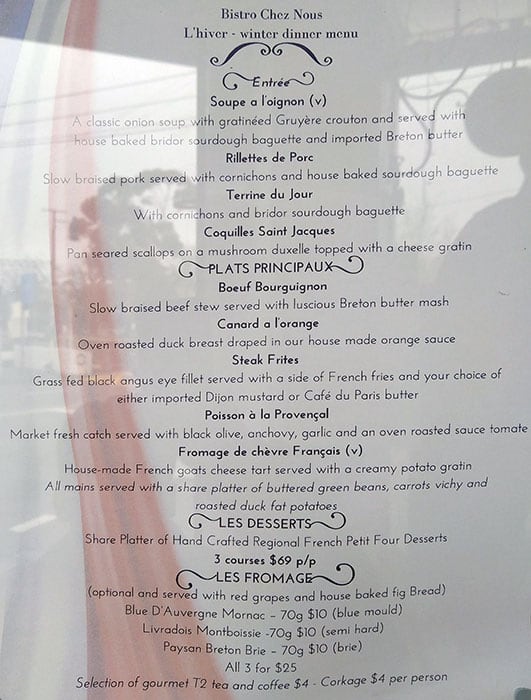 Menu at Bistro Chez Nous restaurant, Surrey Hills