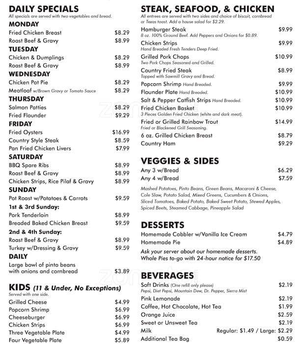 Menu at Southern Comfort restaurant, Blowing Rock