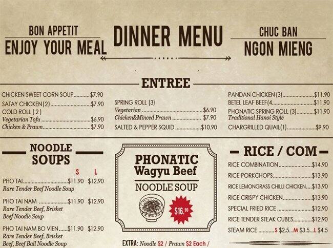 Menu at Phonatic Restaurant, Adelaide