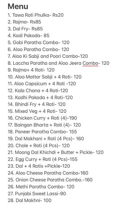 Menu of Punjabi Rasoi, Attapur, Hyderabad
