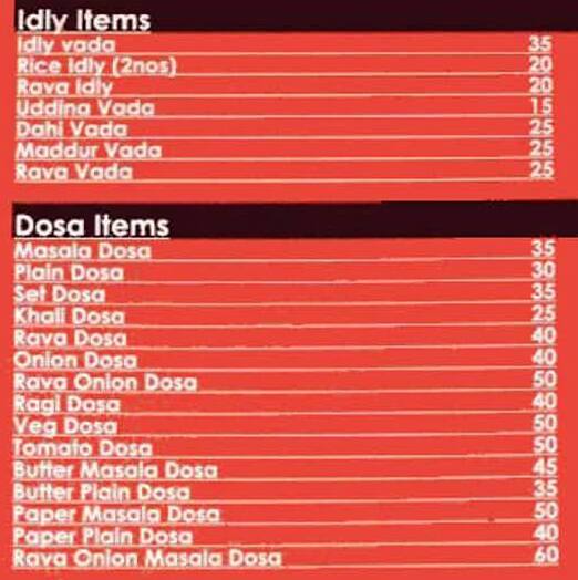 Menu of Aahar Setu, BTM, Bangalore