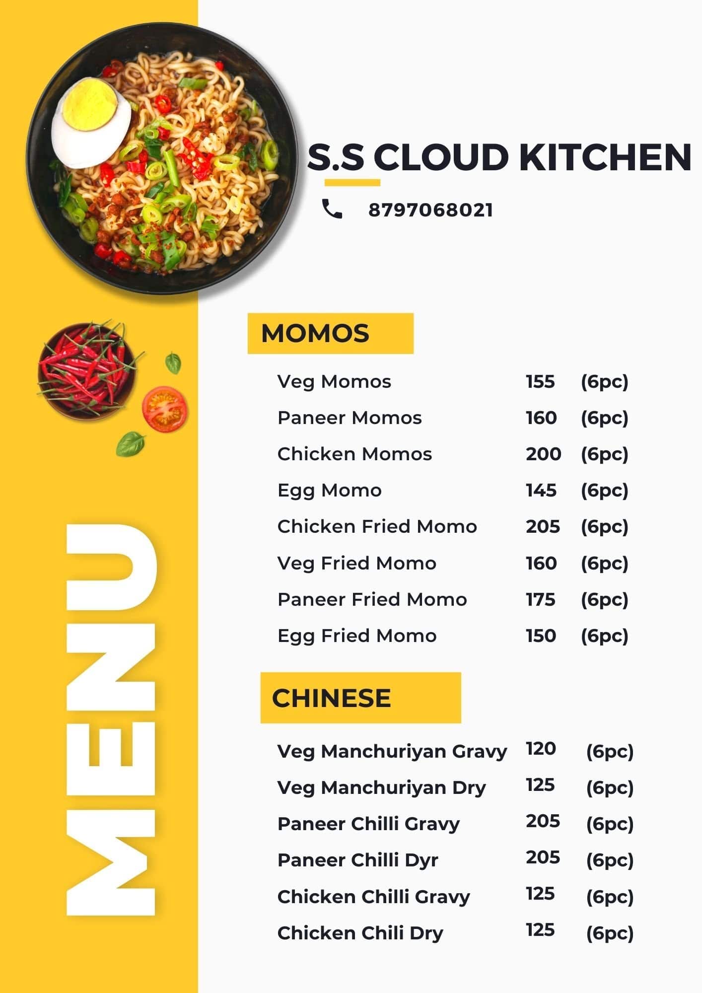 Menu of SS Cloud Kitchen, Mithapur, Patna
