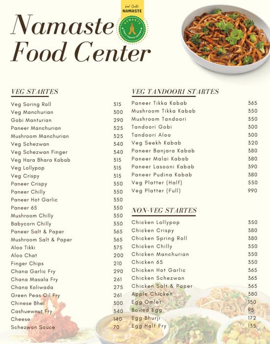 Menu of Namaste Food Center, Goregaon West, Mumbai