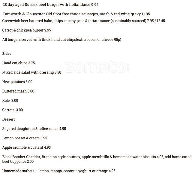 Menu at The Roebuck pub & bar, London, 50 Great Dover St