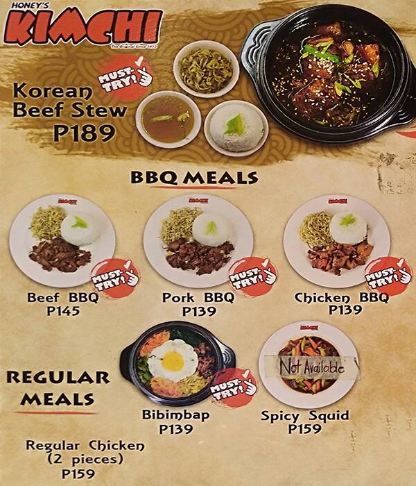 Menu at Honey's Kimchi restaurant, Quezon City, LGF Robinson's Galleria