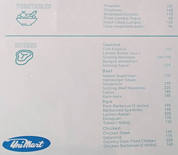 Menu at Unimart Coffee Shop restaurant, San Juan