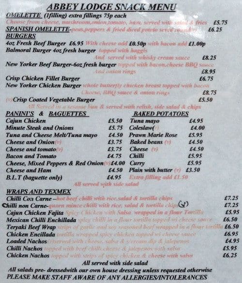 Menu at Abbey Lodge Hotel pub & bar, Edinburgh