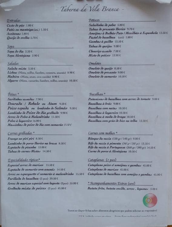 Menu at Vela Branca restaurant, Lisbon