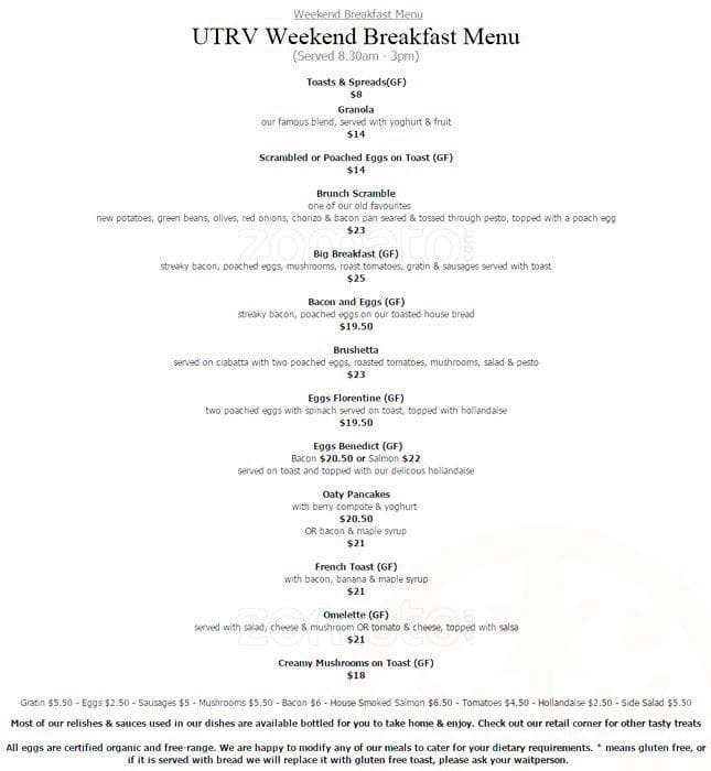 Menu at Under The Red Verandah cafe, Christchurch