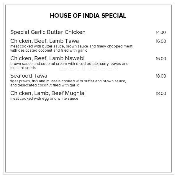 Menu at House of India restaurant, Tauranga, 263 Otumoetai Rd