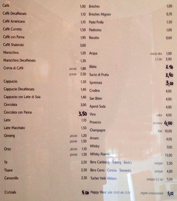 Carta del café Gran Cafè & Tre Marie, Milan