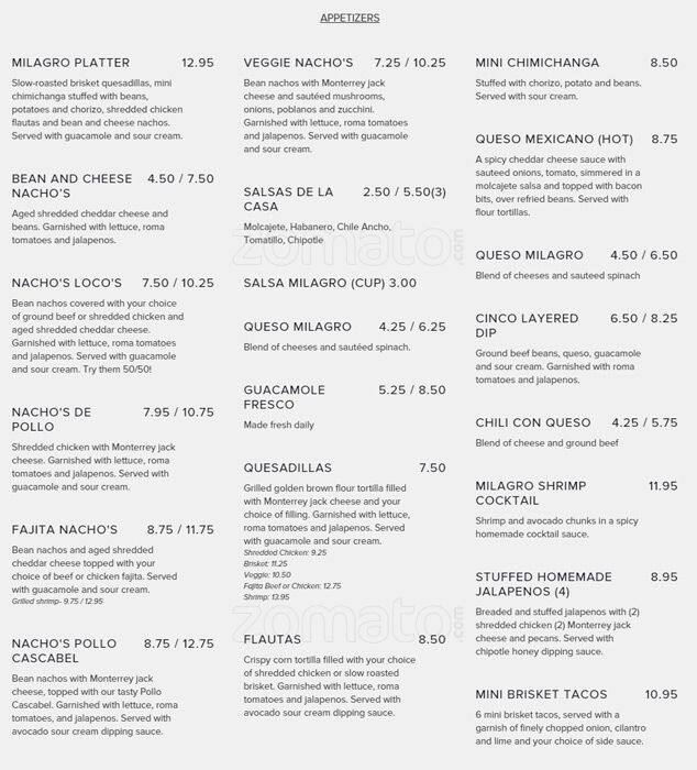 Menu at Casa Milagro restaurant, Richardson