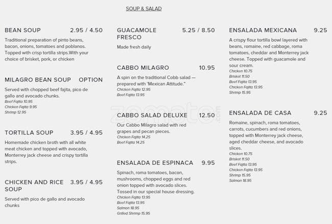 Menu at Casa Milagro restaurant, Richardson
