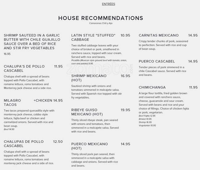 Menu at Casa Milagro restaurant, Richardson