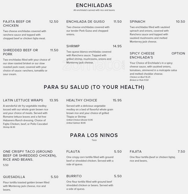 Menu at Casa Milagro restaurant, Richardson