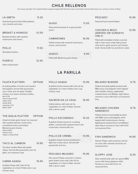 Menu at Casa Milagro restaurant, Richardson