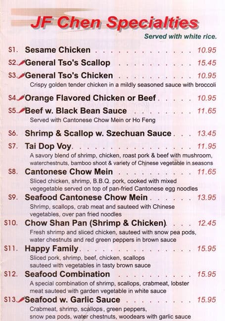 Menu at JF Chen Chinese Food restaurant, Burlington