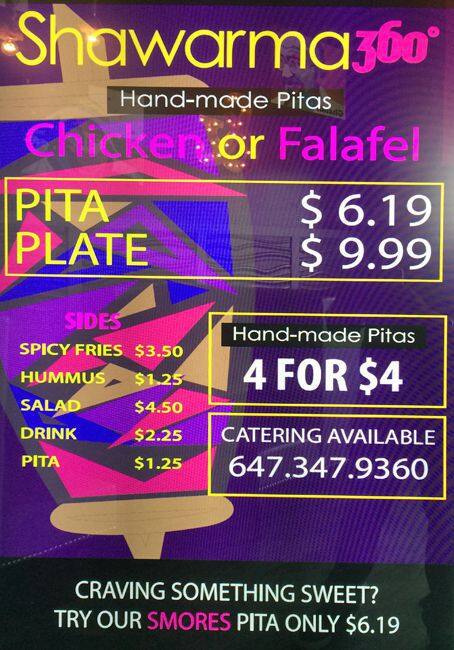Menu at Shawarma 360 restaurant, Toronto