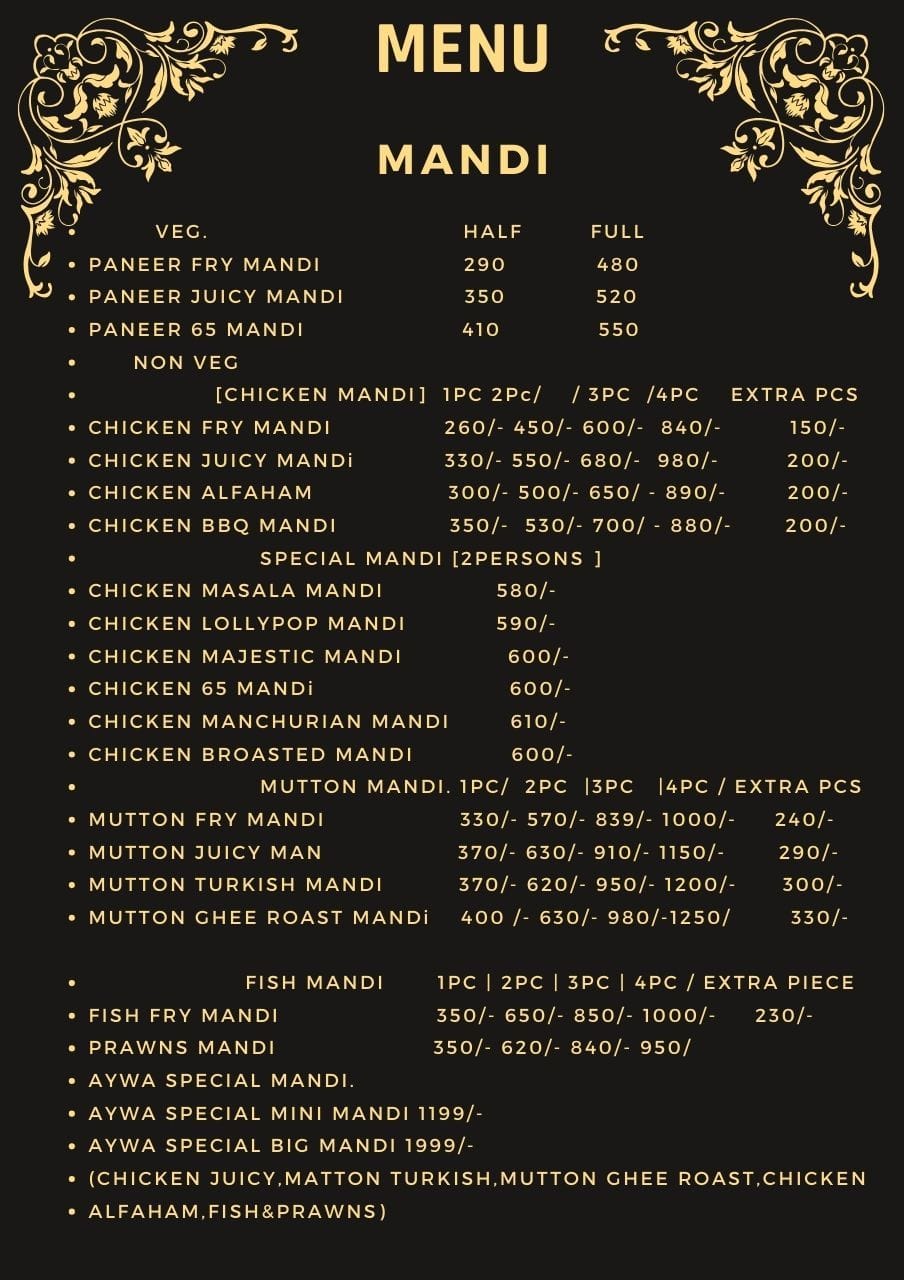 Menu of Aywa Mandi & Restaurant, Suraram, Hyderabad