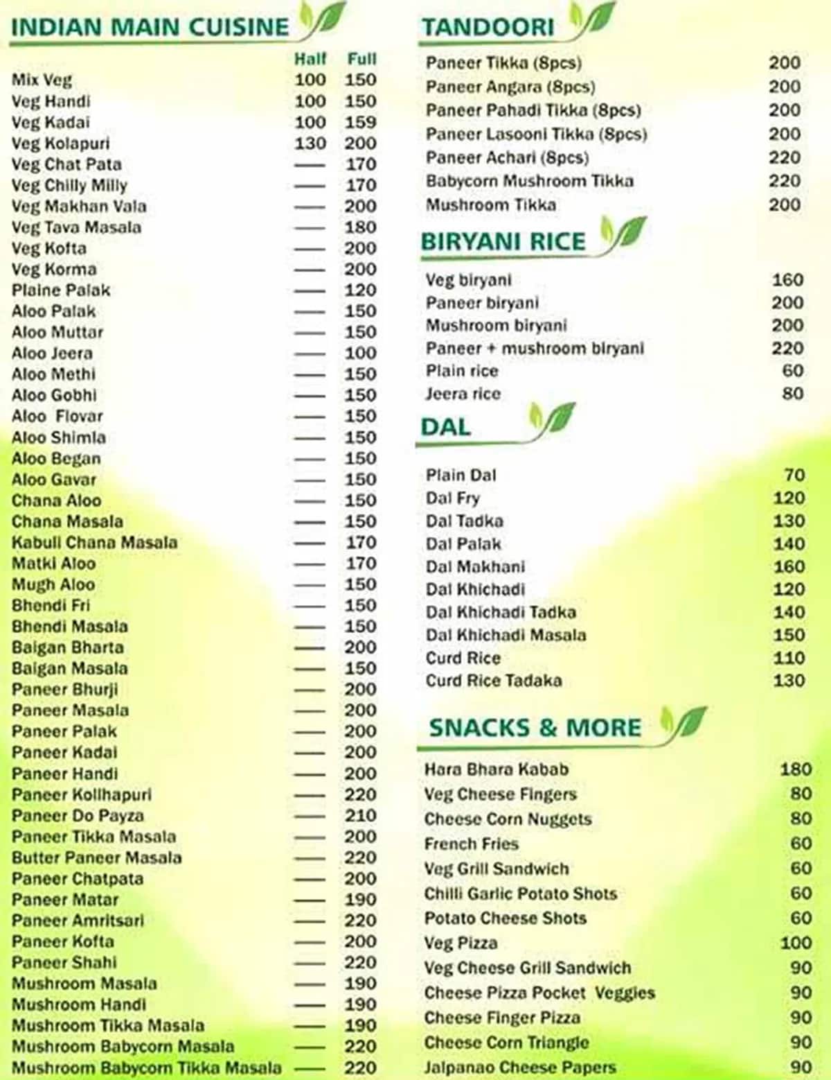 Menu of Shiv Sai Pure Veg Restaurant, Vasai, Mumbai