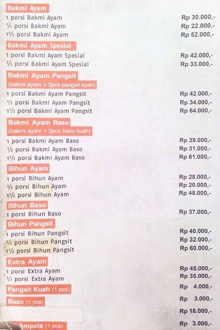 Menu at Bakmi Ayam Alok restaurant, Jakarta, Jl. Surya Wijaya