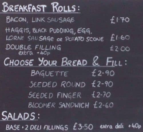 Menu at Smith's Deli cafe, Edinburgh
