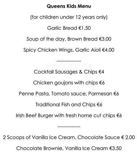 Menu at The Queens Bar, Dublin
