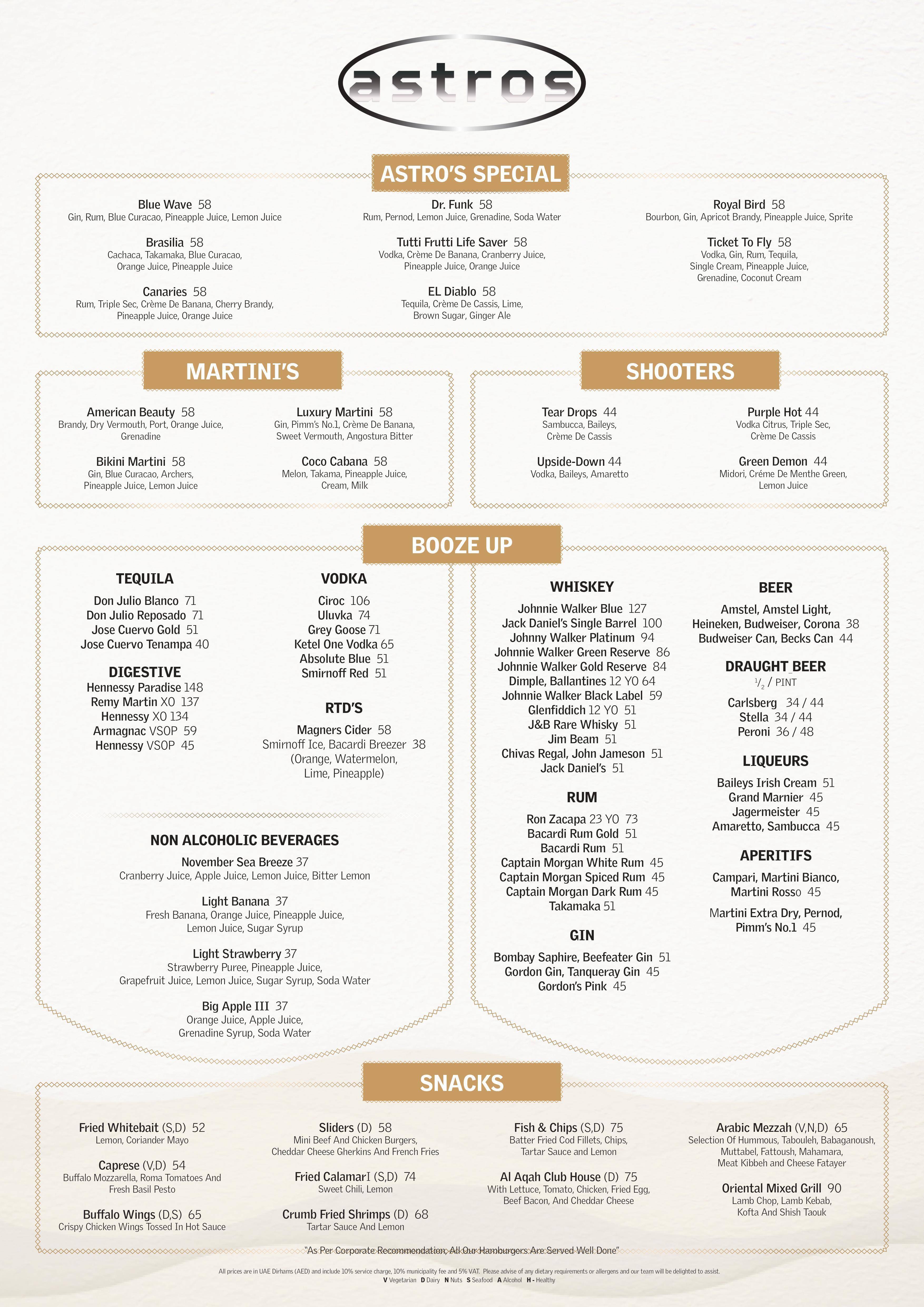 Menu of Astros - Le Méridien Al Aqah Beach Resort, Sudah, Fujairah