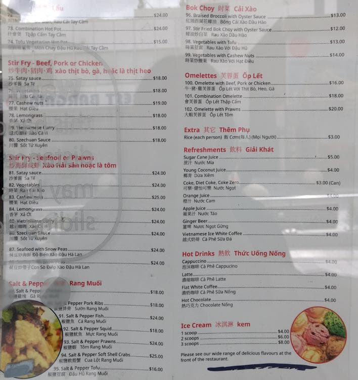 Menu at Pho Ngon restaurant, Sydney