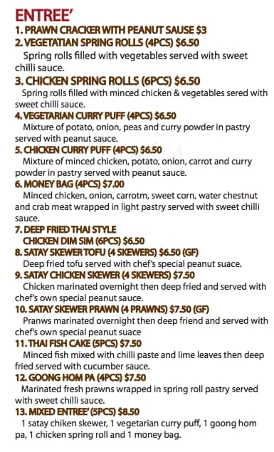 Menu at Pakenham Thai restaurant, Pakenham