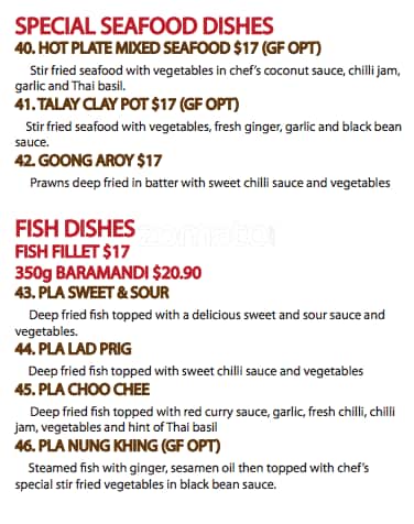 Menu at Pakenham Thai restaurant, Pakenham