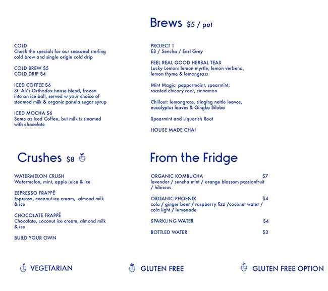 Menu at The Glass Den cafe, Coburg