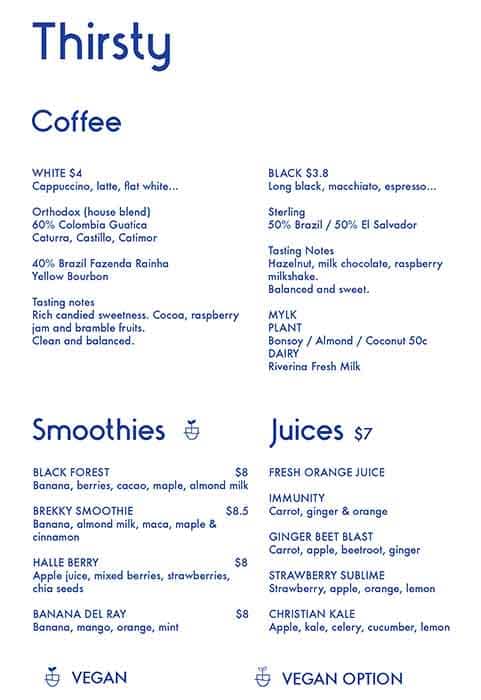 Menu at The Glass Den cafe, Coburg