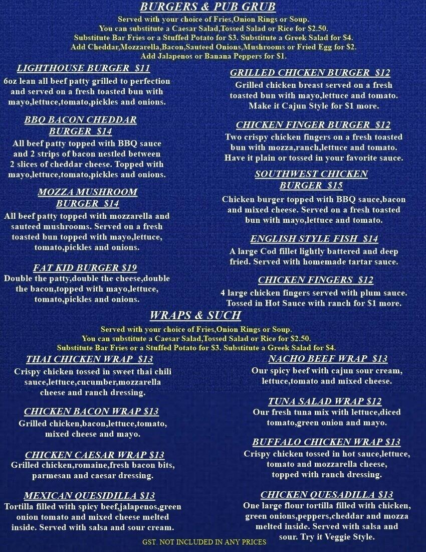 Menu at Lighthouse Pub, Calgary