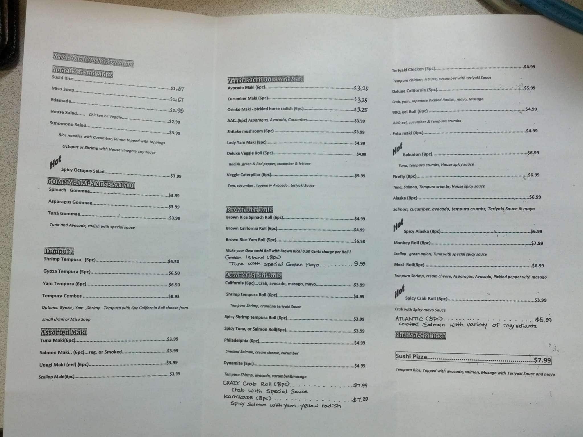 Menu at Seoul Nami restaurant, Winnipeg, 365 Main St