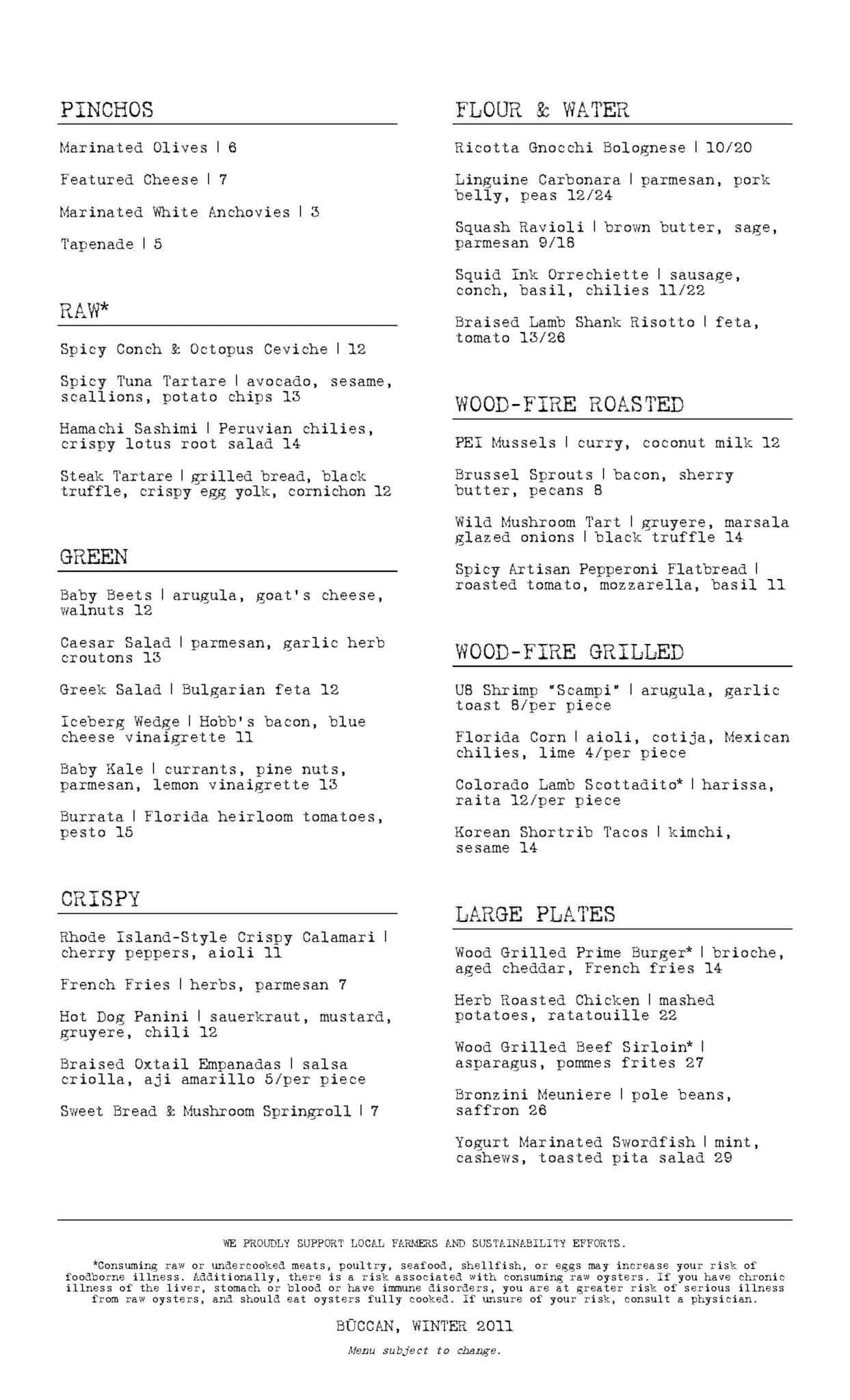 Menu at Buccan restaurant, Palm Beach