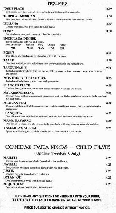Menu at Casa Navarro restaurant, Dallas
