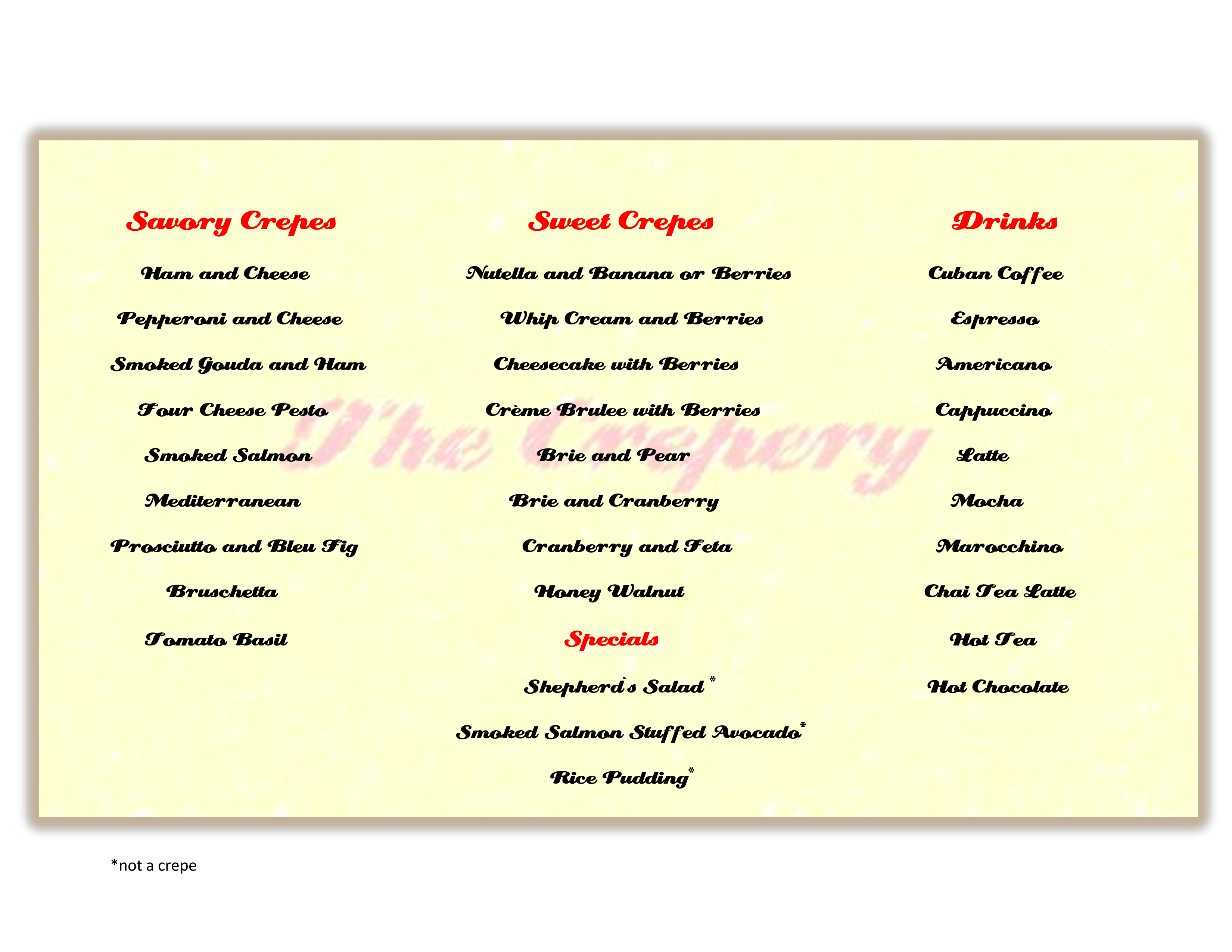 Menu at The Crepery cafe, Fairbanks, 523 2nd Ave